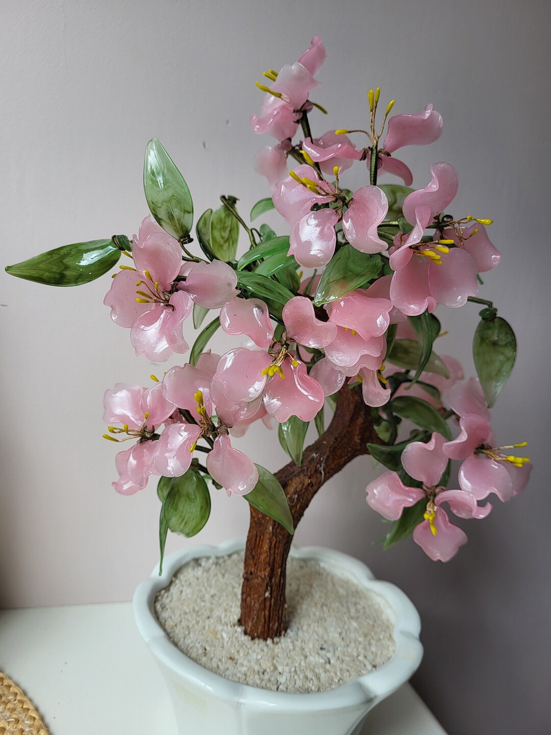 Vintage Chinese Large Jade Glass Bonsai Tree Blossoms in Celadon Pot 39 ...