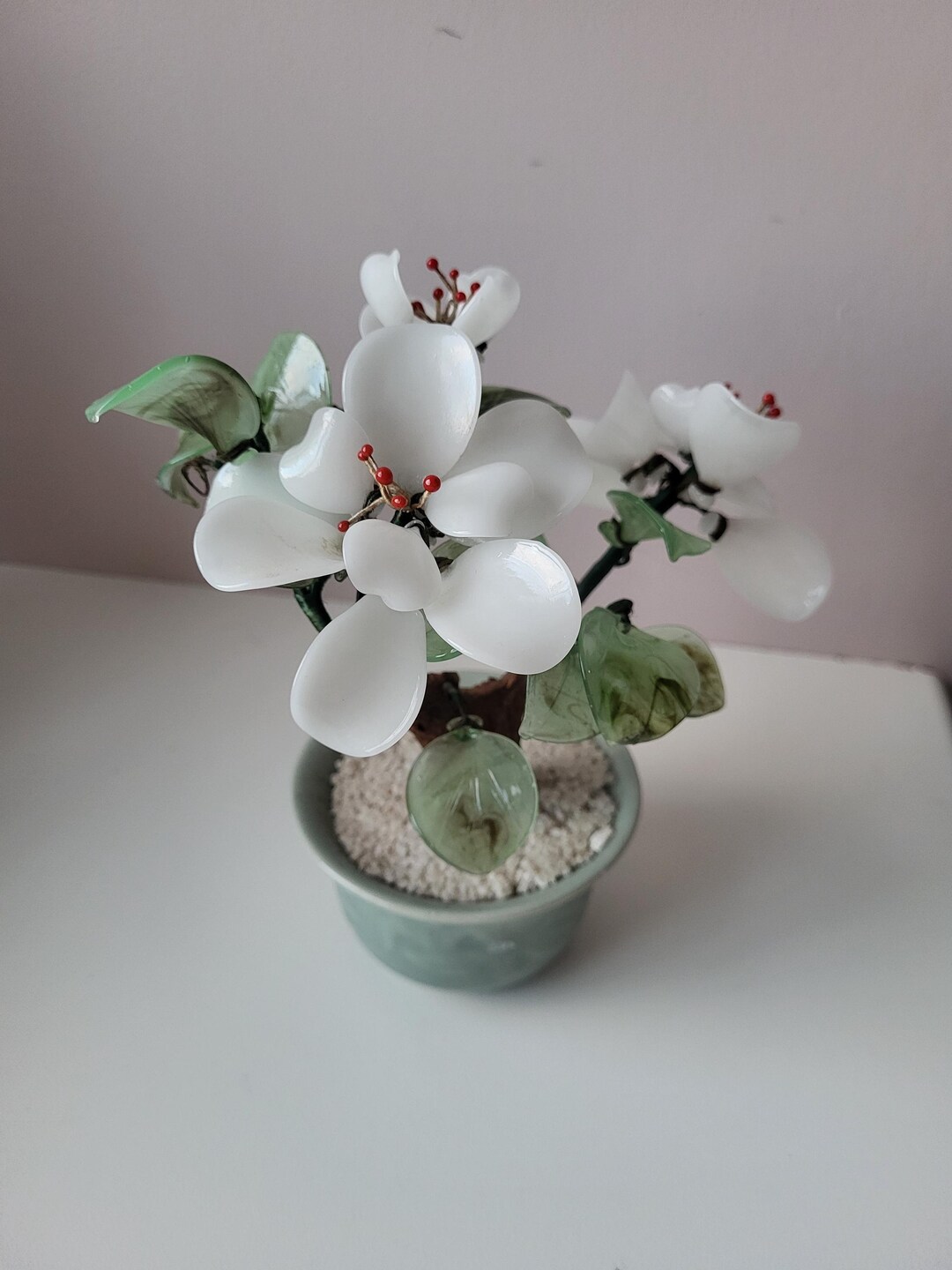 Vintage Chinese Jade Glass Bonsai Tree With Blossoms in Celadon Pot ...