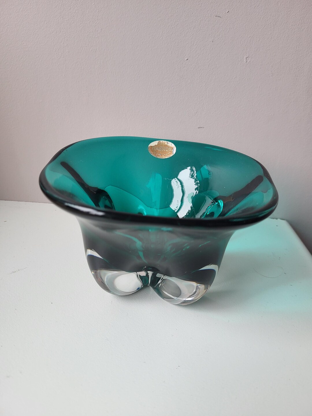 Rare Magnor Norway Green Art Glass Bowl – MCM Heavy Wavy Crystal Dish ...