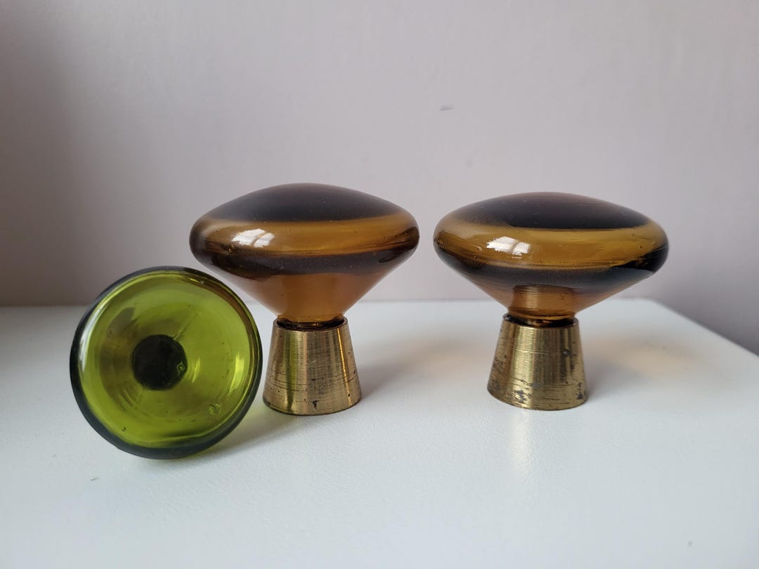 Vintage Glass Handle Cabinet Knobs 60s Amber Glass Green Veriina Brass Handle Set of 3 Made in ...