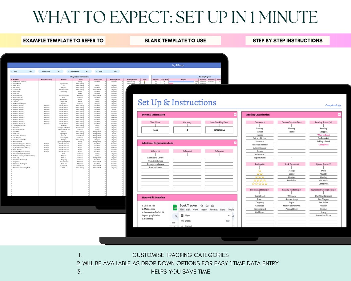 Digital Reading Journal Spreadsheet, Books Tracker, Comics, Manga ...