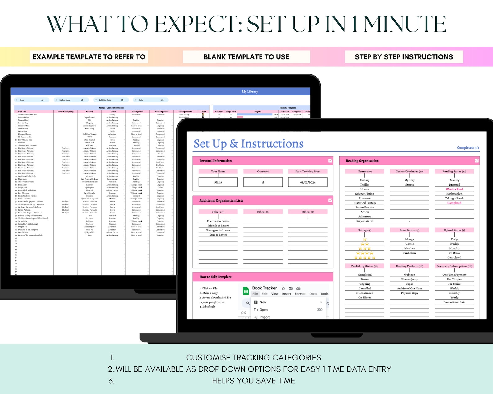 Digital Reading Journal Spreadsheet, Books Tracker, Comics, Manga ...