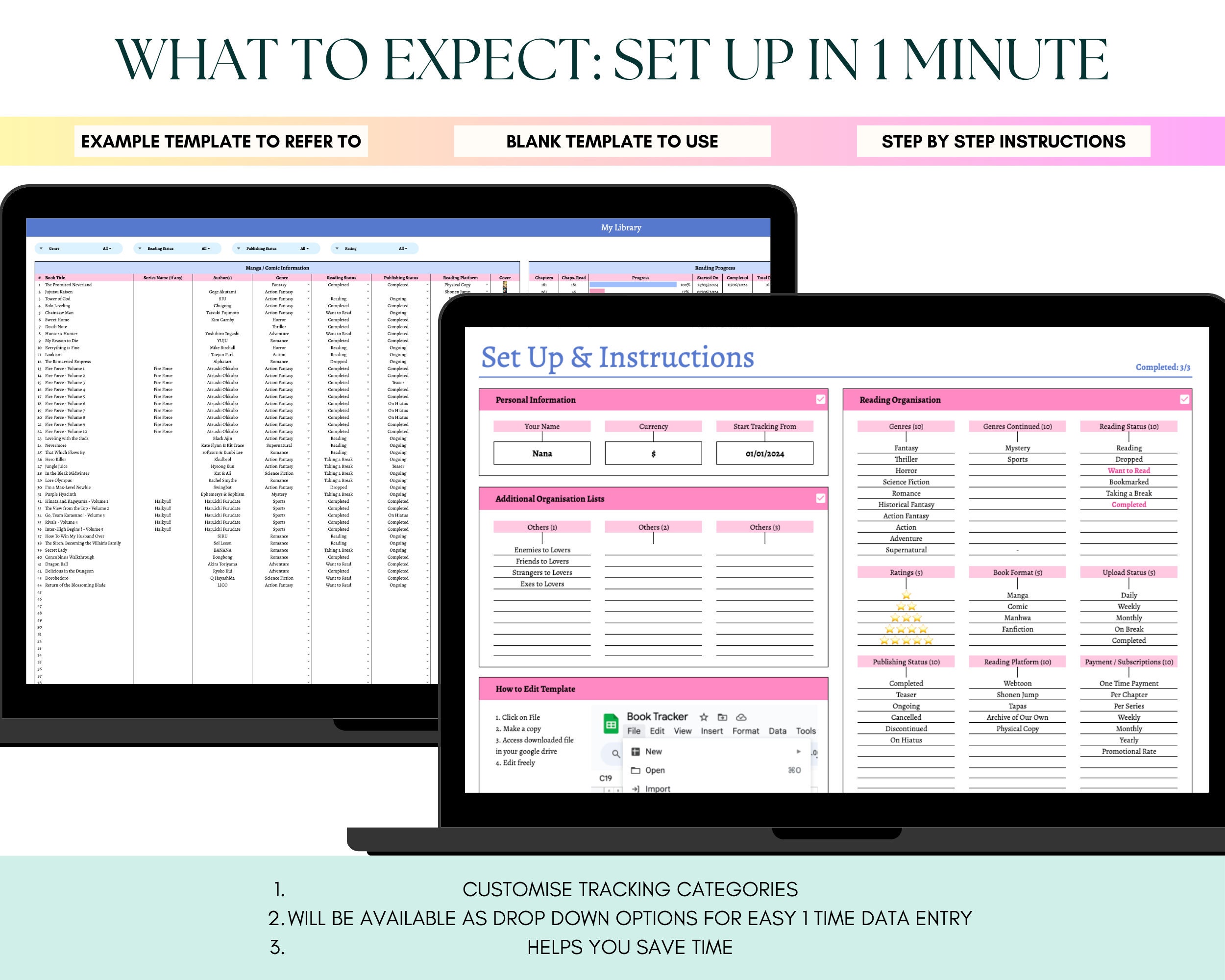 Digital Reading Journal Spreadsheet, Books Tracker, Comics, Manga ...