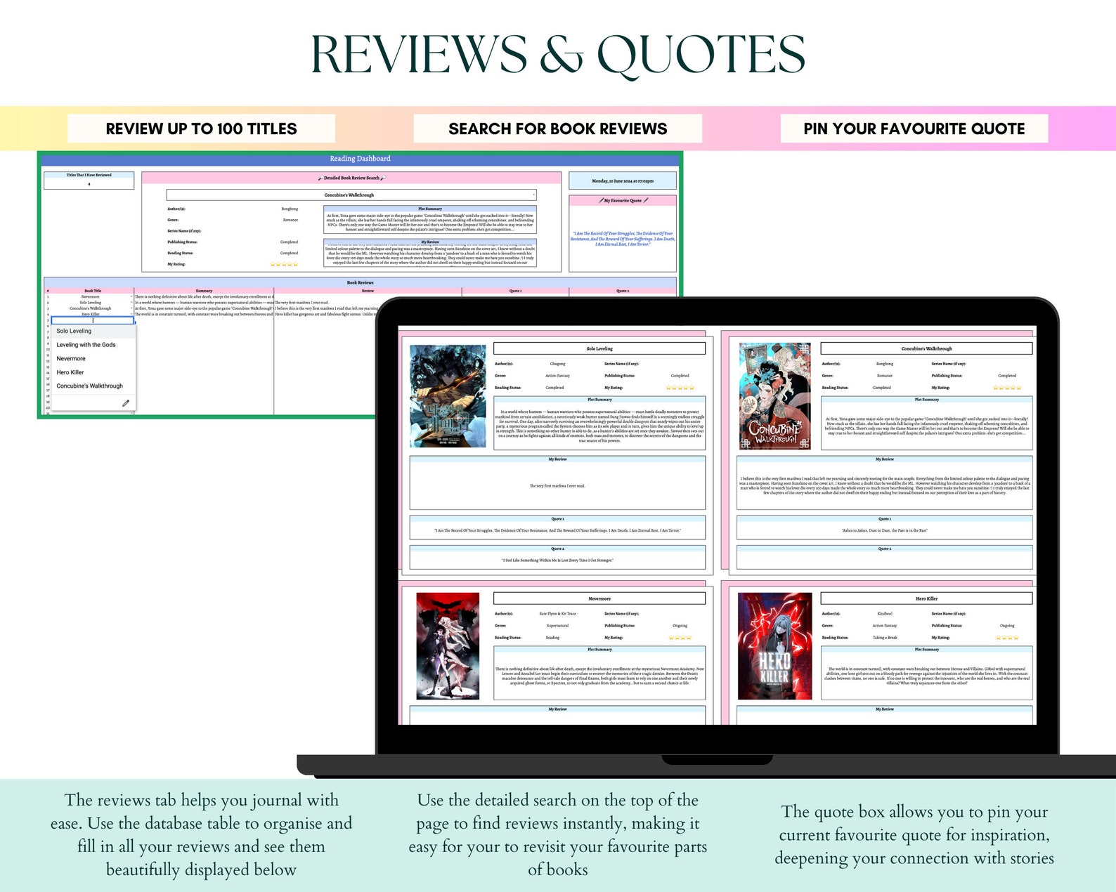 Digital Reading Journal Spreadsheet, Books Tracker, Comics, Manga ...