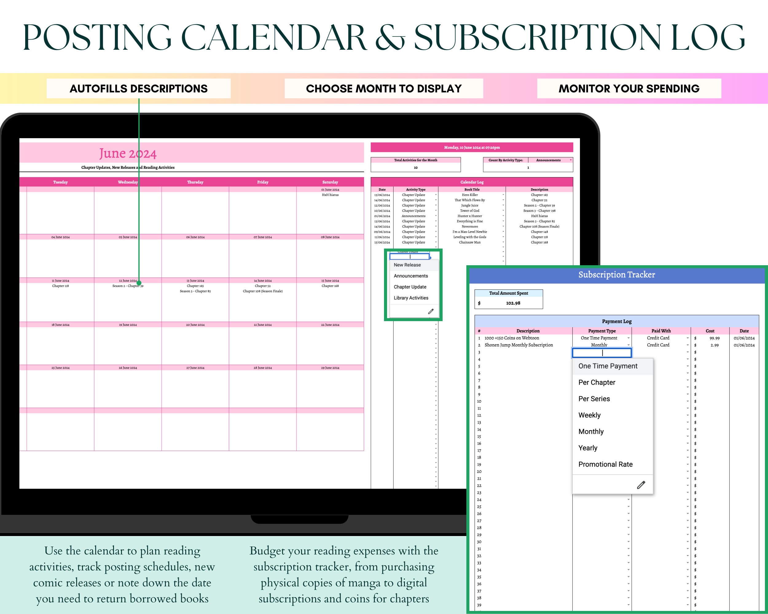 Digital Reading Journal Spreadsheet, Books Tracker, Comics, Manga ...