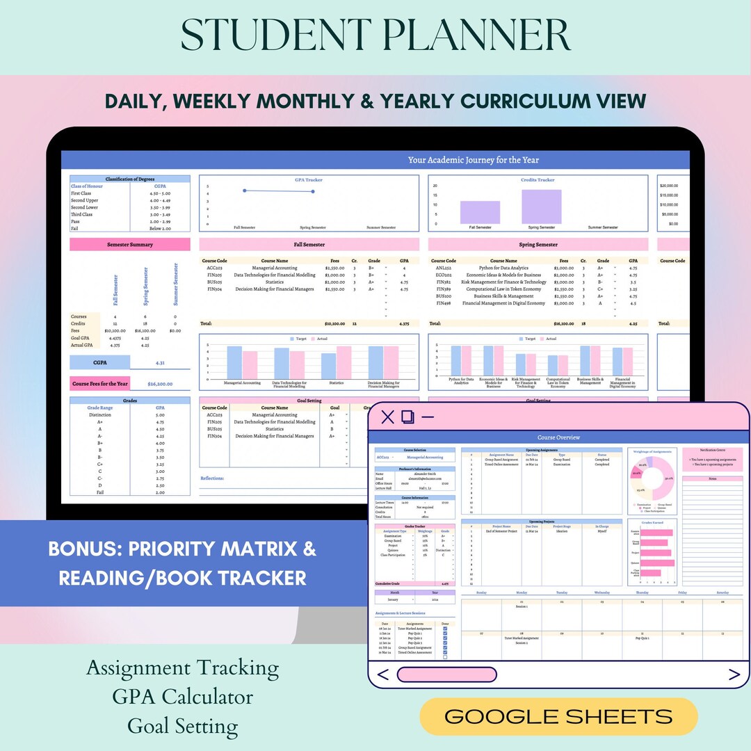 Student Academic Planner on Google Sheets: Assignment, Timetable, Task ...