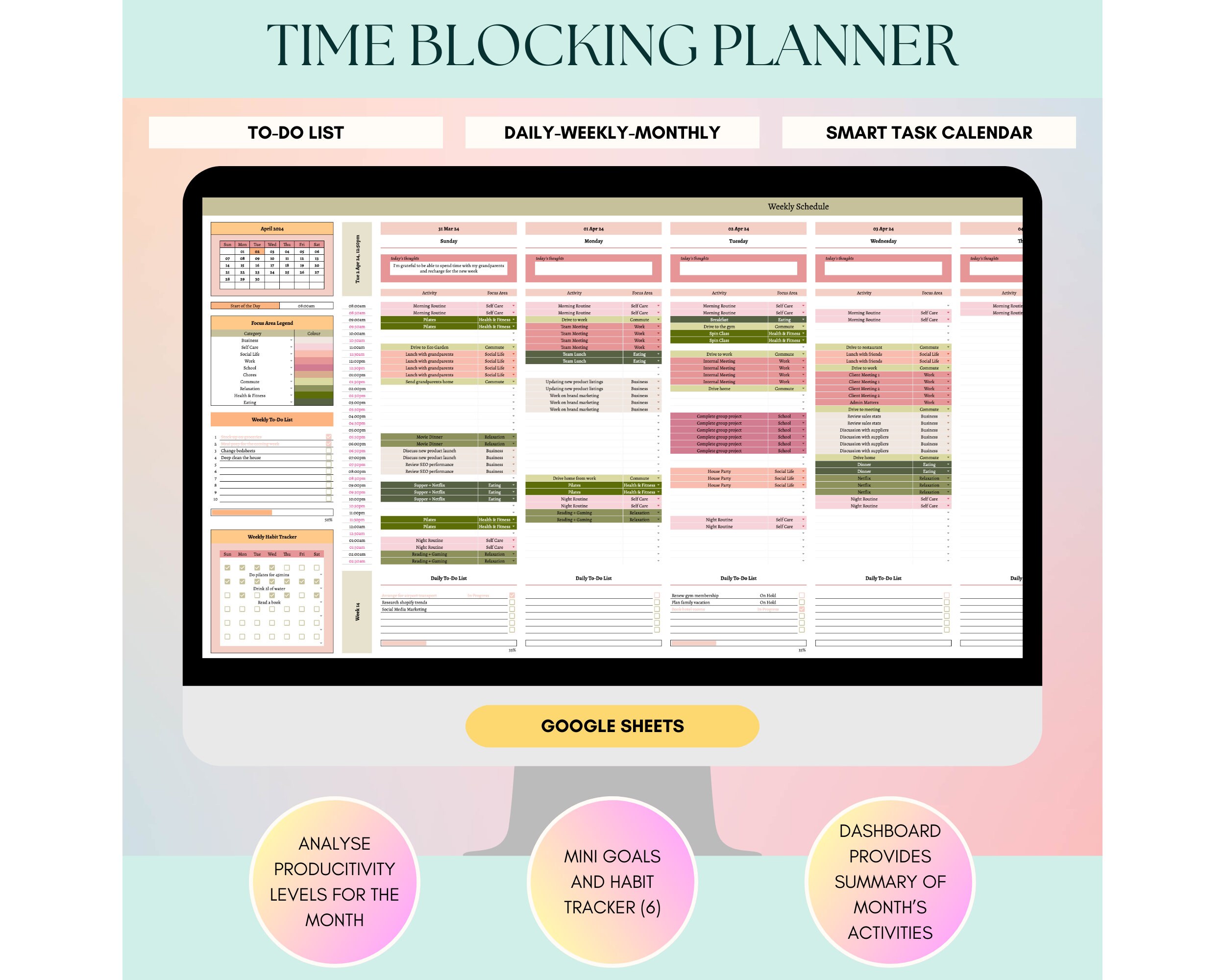 Weekly Google Sheets Digital Planner, to Do List, Time Blocking ...