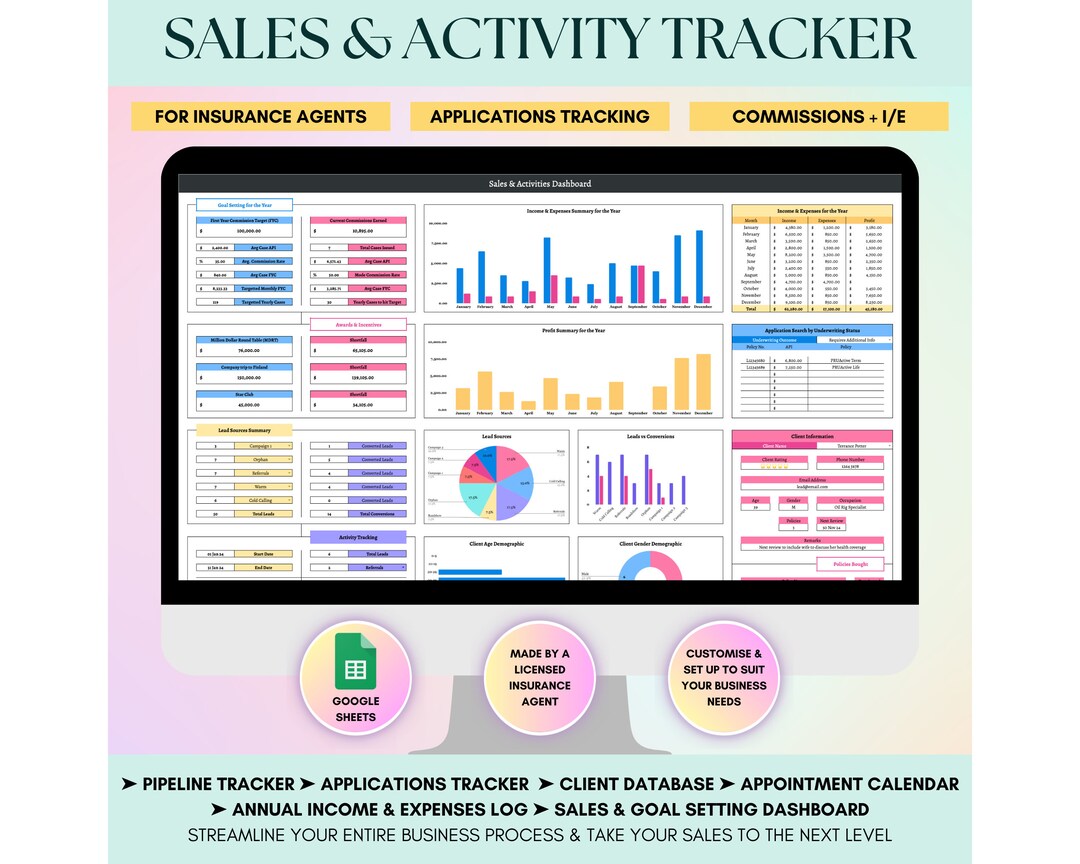 Insurance Agent Sales & Activity Tracker on Google Sheets: Goal Setting ...