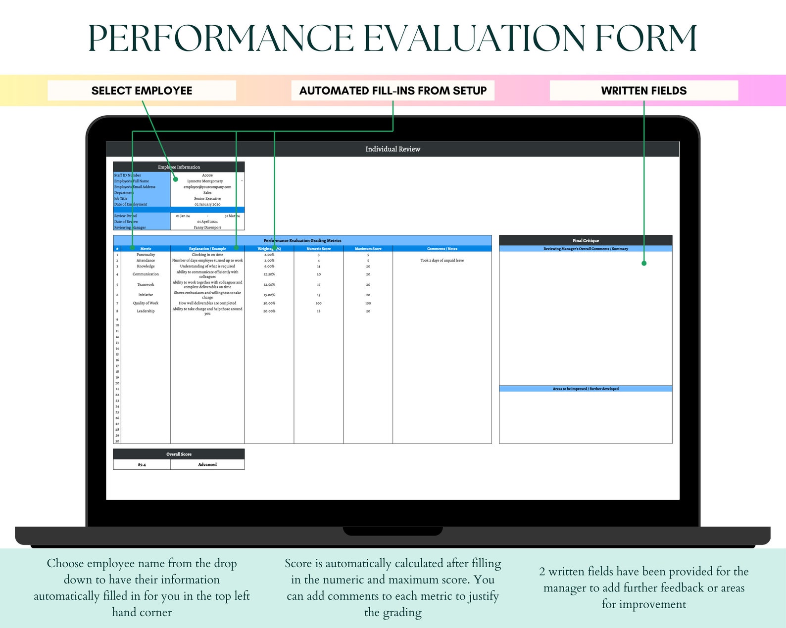 Employee Performance Evaluation Tracker on Google Sheet, Editable ...