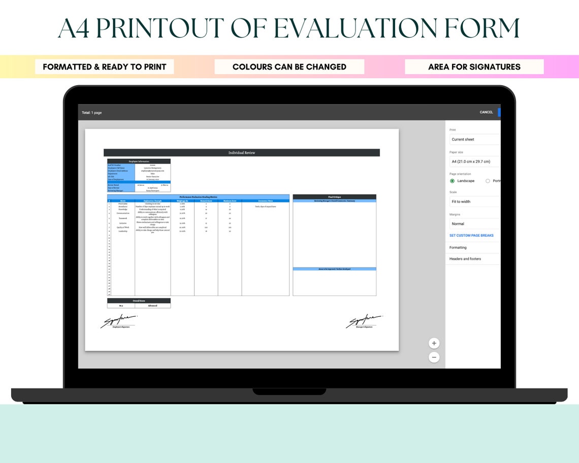 Employee Performance Evaluation Tracker on Google Sheet, Editable ...