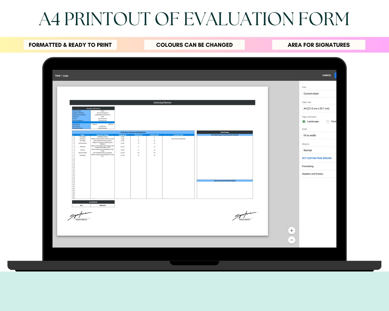 Employee Performance Evaluation Tracker on Google Sheet, Editable ...