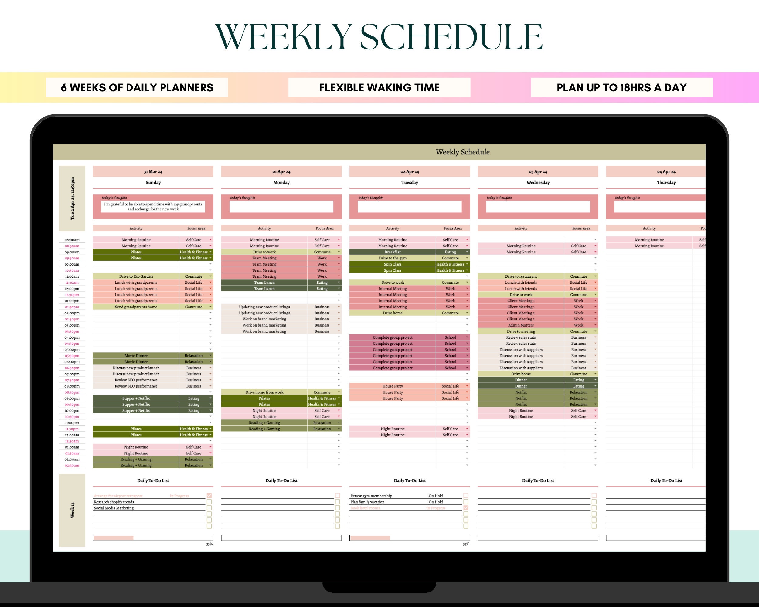 Weekly Google Sheets Digital Planner, to Do List, Time Blocking ...