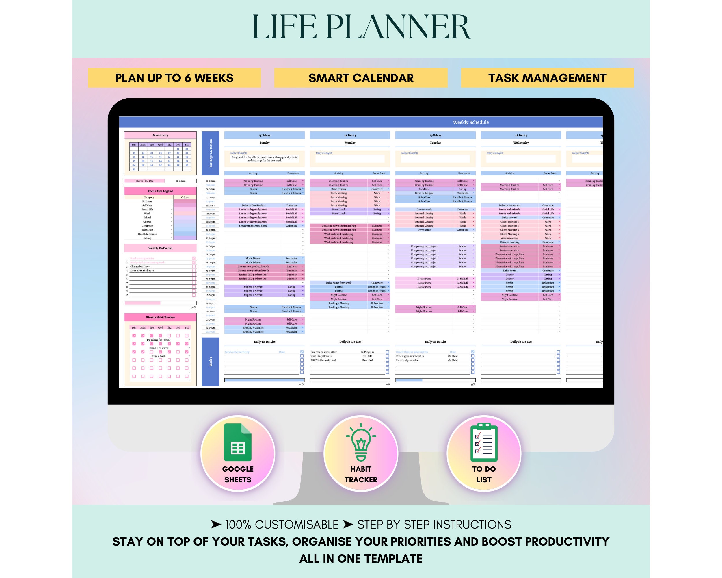 Weekly Google Sheets Digital Planner, to Do List, Time Blocking ...