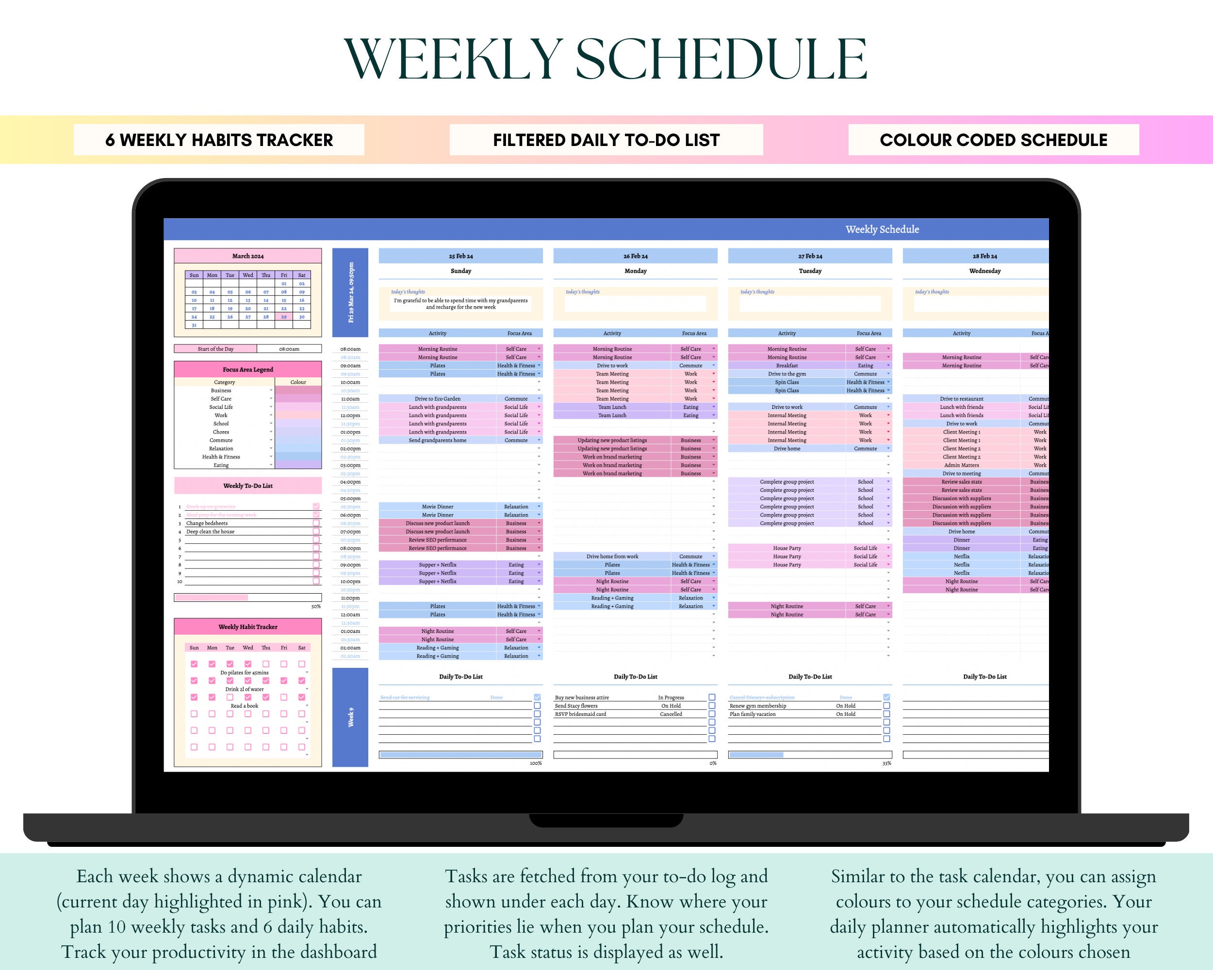 Weekly Google Sheets Digital Planner, to Do List, Time Blocking ...