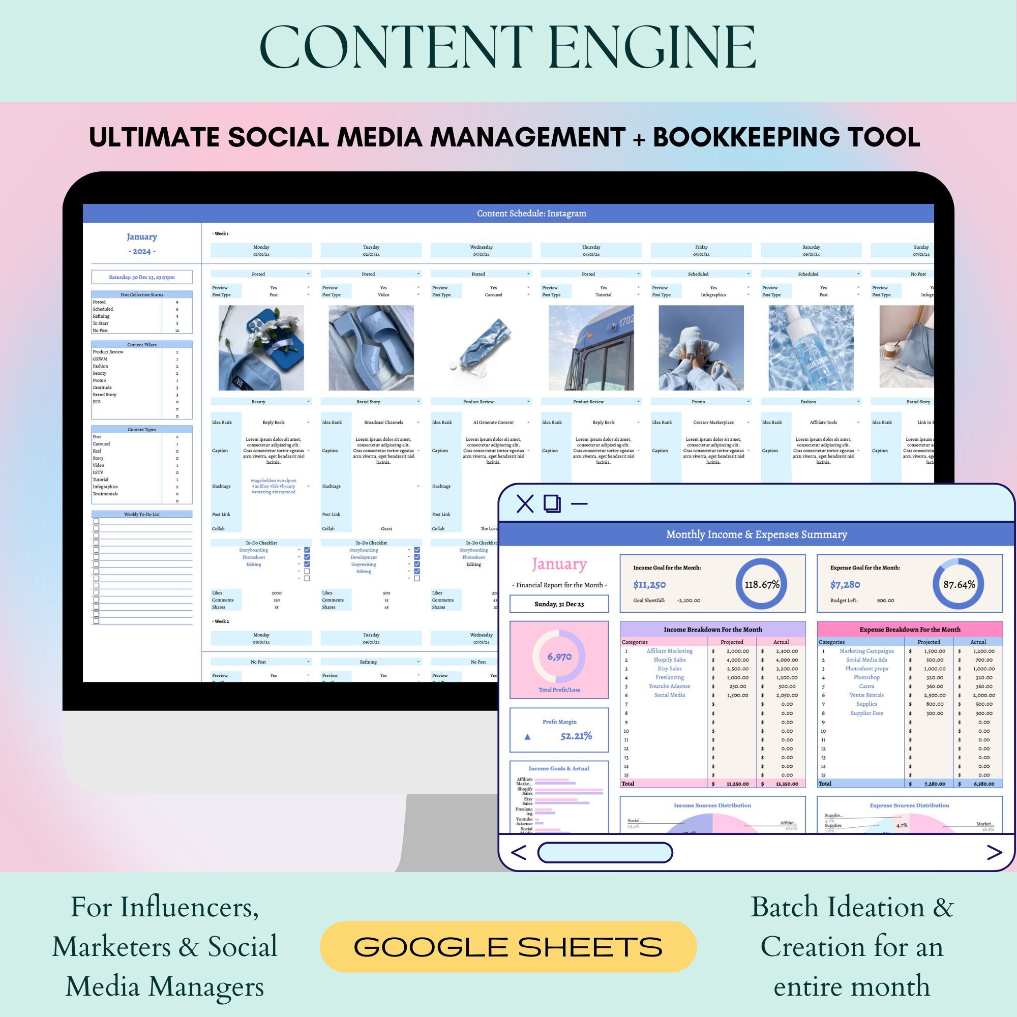 Social Media Planner Monthly Bookkeeping, Content Creation Strategy Template, Batch Posting ...