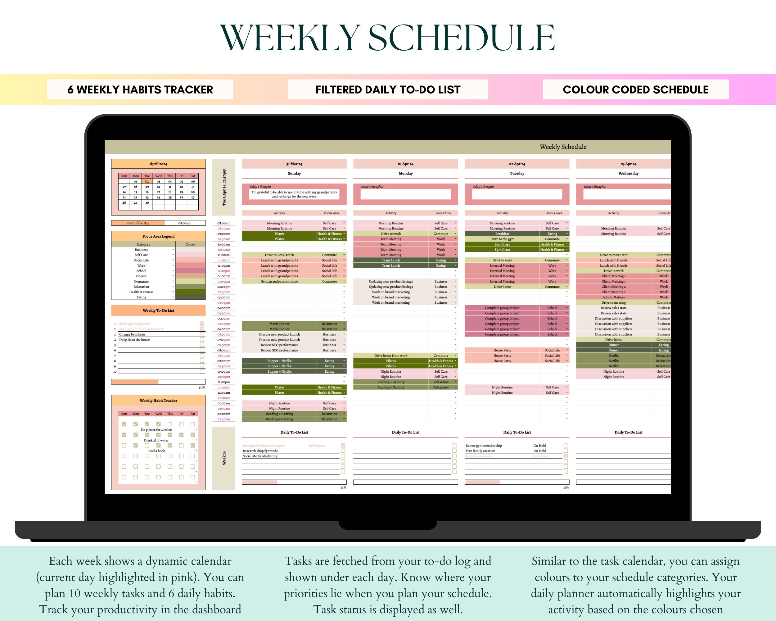Weekly Google Sheets Digital Planner, to Do List, Time Blocking ...
