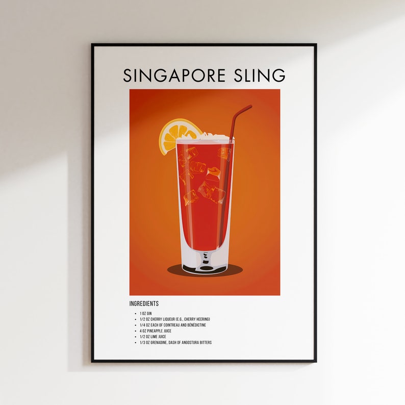 Singapore Sling Poster, Cocktail Art, Printable Wall Decor, Bar Decor ...