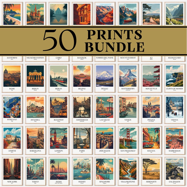 50 Travel Poster Bundle, Wall Art, City Print, Retro Travel Poster ...