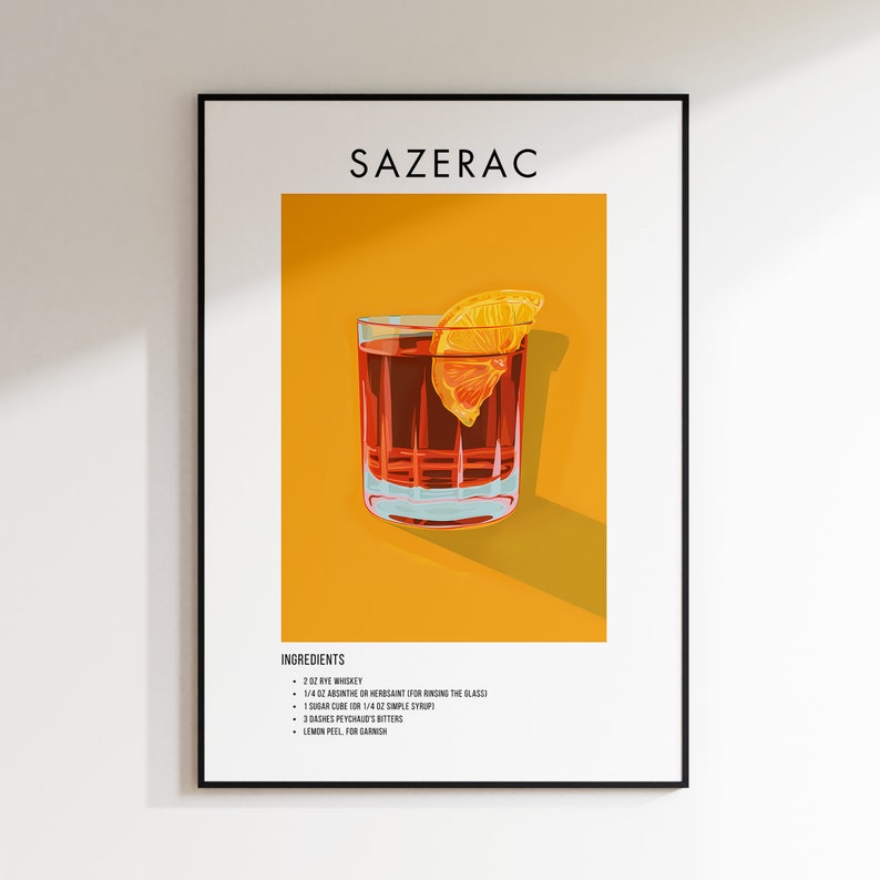 Sazerac Poster, Cocktail Art, Printable Wall Decor, Bar Decor, Kitchen ...