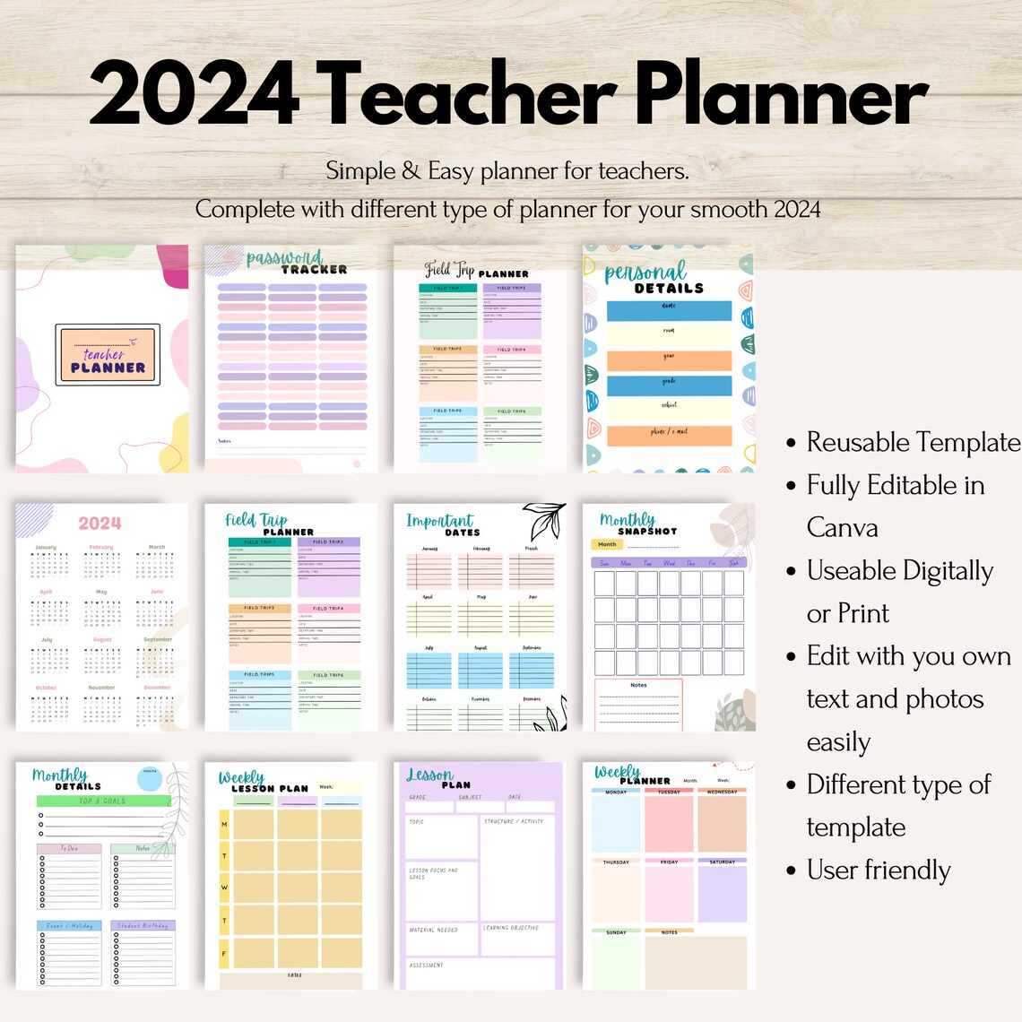 2024 Teacher Planner | Editable Planner | Canva Editable Diary for ...