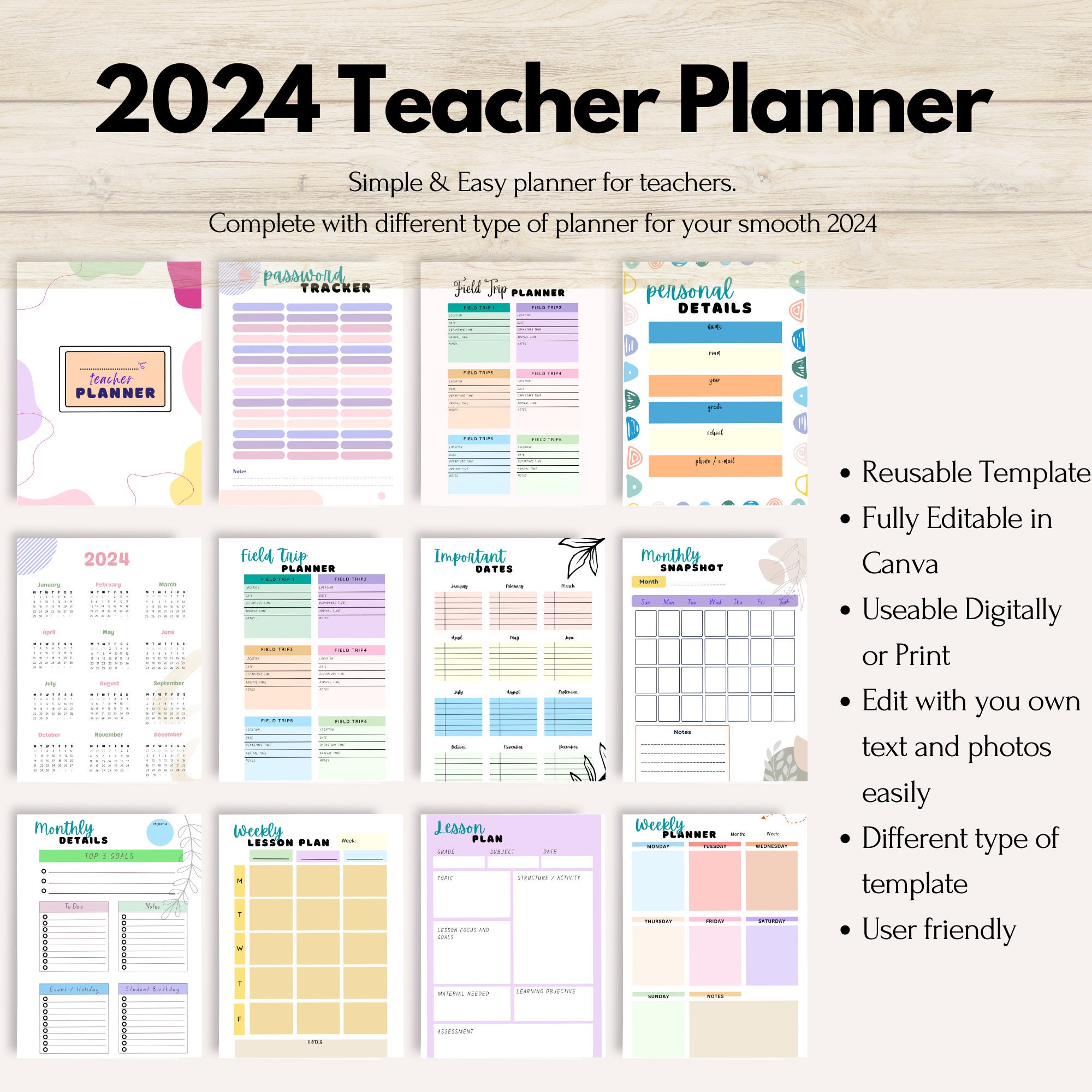 2024 Teacher Planner | Editable Planner | Canva Editable Diary for ...