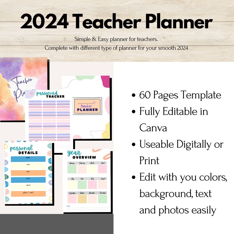 2024 Teacher Planner | Editable Planner | Canva Editable Diary for ...
