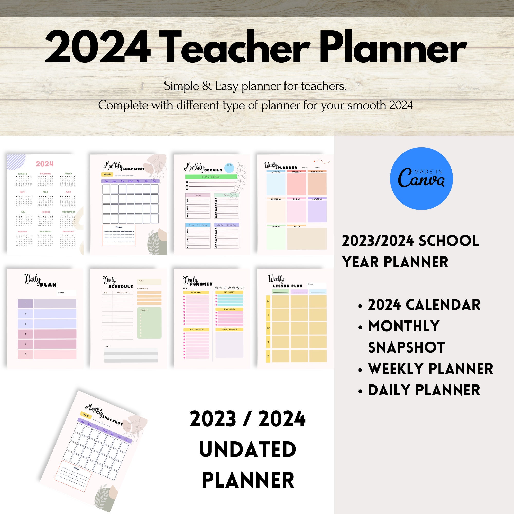 2024 Teacher Planner | Editable Planner | Canva Editable Diary for ...