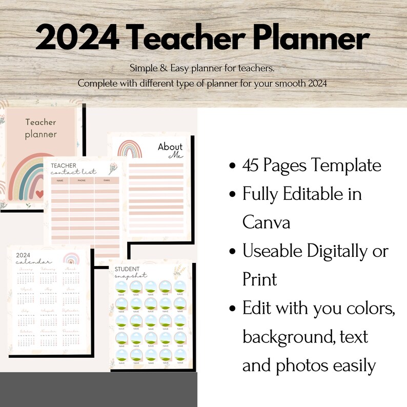 2024 Beginner Teacher Planner Editable Planner Canva Editable Diary for ...