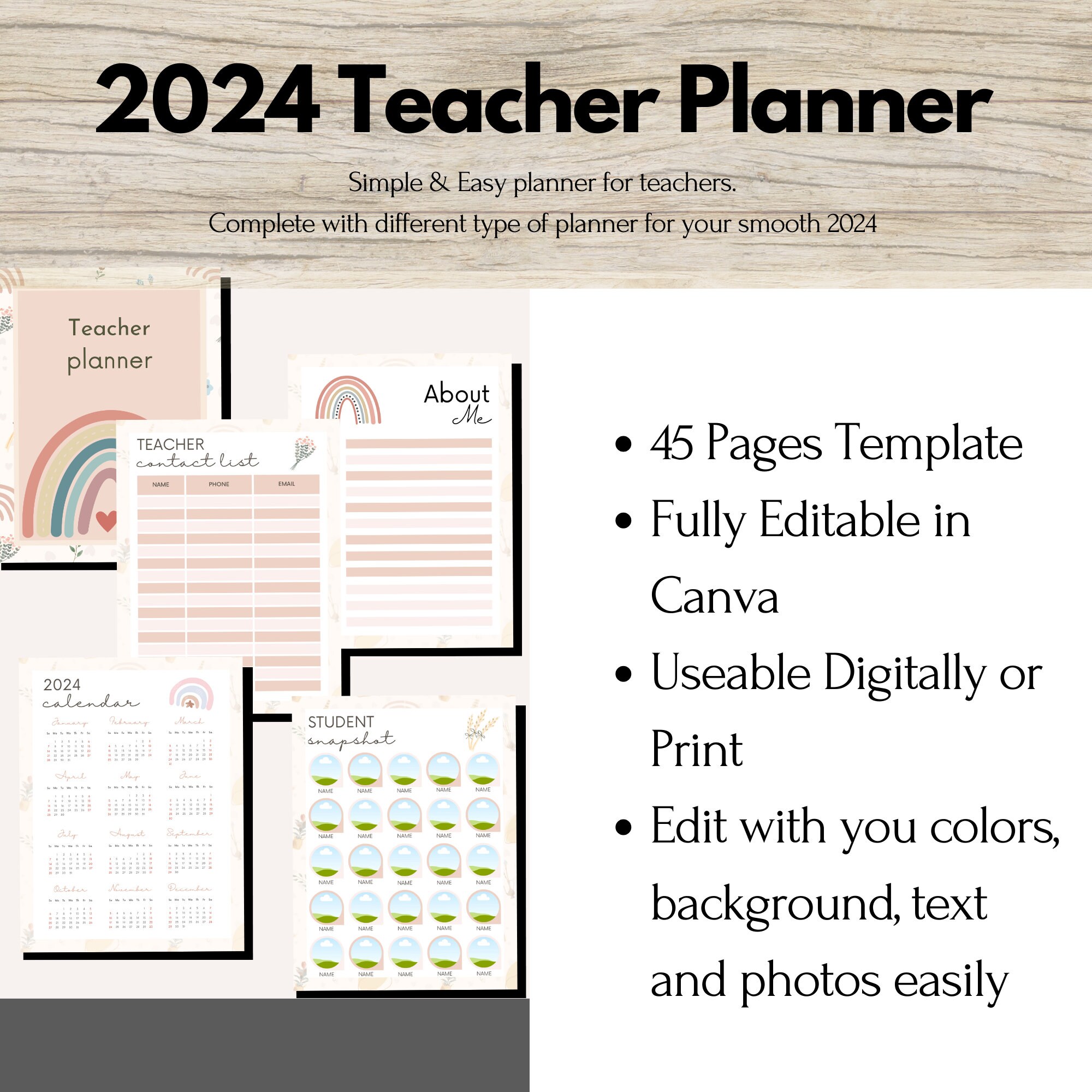2024 Beginner Teacher Planner Editable Planner Canva Editable Diary for ...