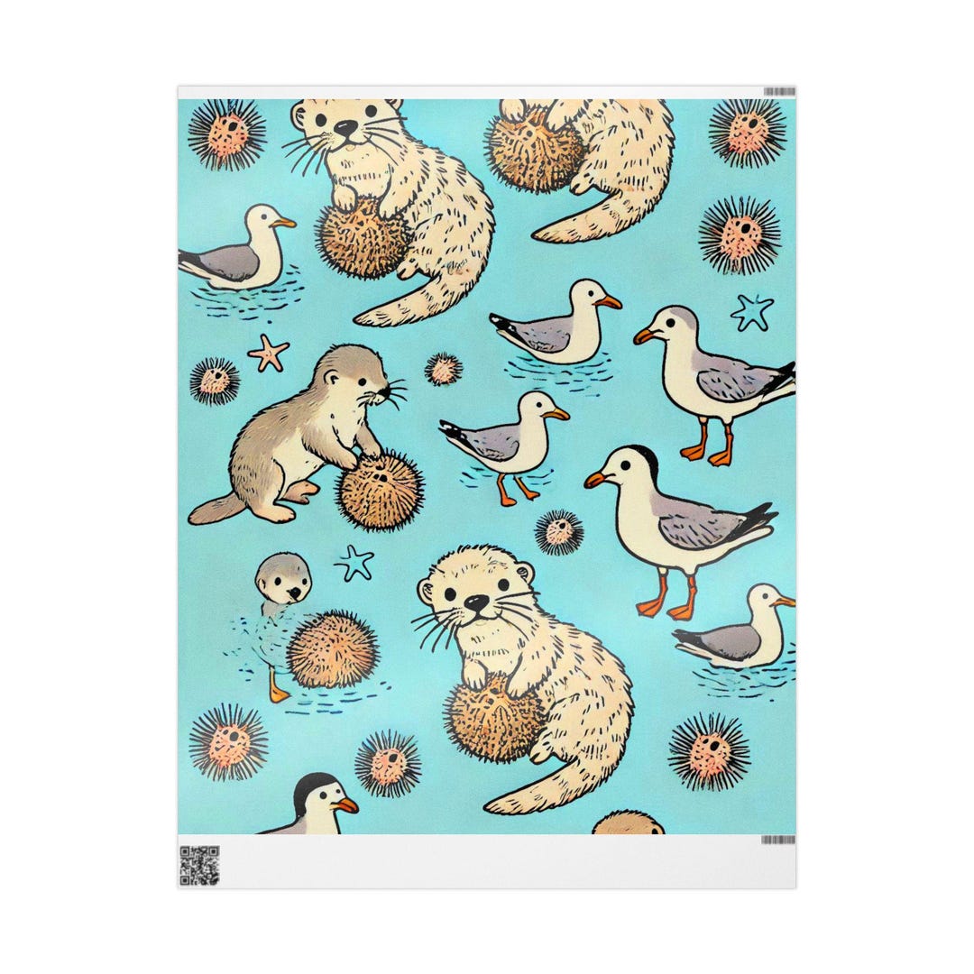 Ocean Animals Gift Wrap, Otter, Seagull, Sea Urchin Marine Life ...
