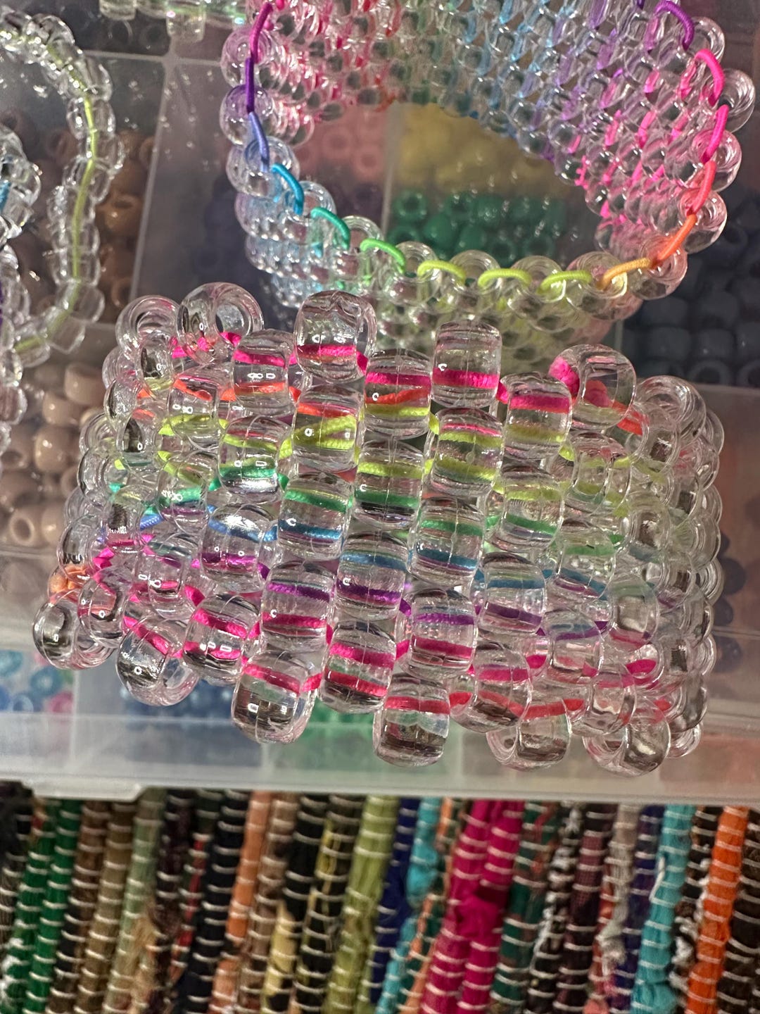 Rainbow Kandi Cuff: Transparent Pony Bead Bracelet- Decora Rave Scene ...