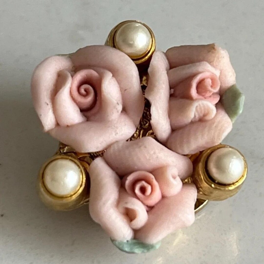 Vintage Triple Pink Rose Porcelain Flowers White Faux Pearls Clip on ...