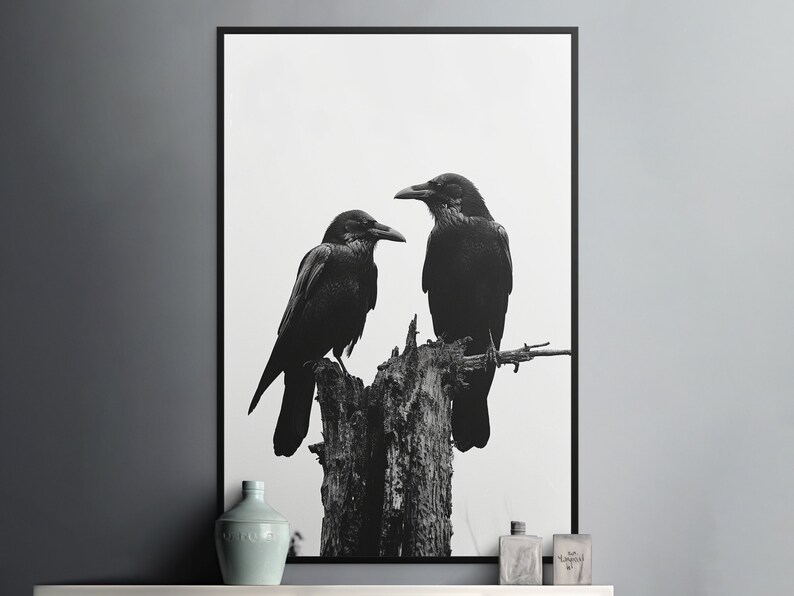 Ravens on a Log Printable Art, Vintage Style Surreal Black and White ...