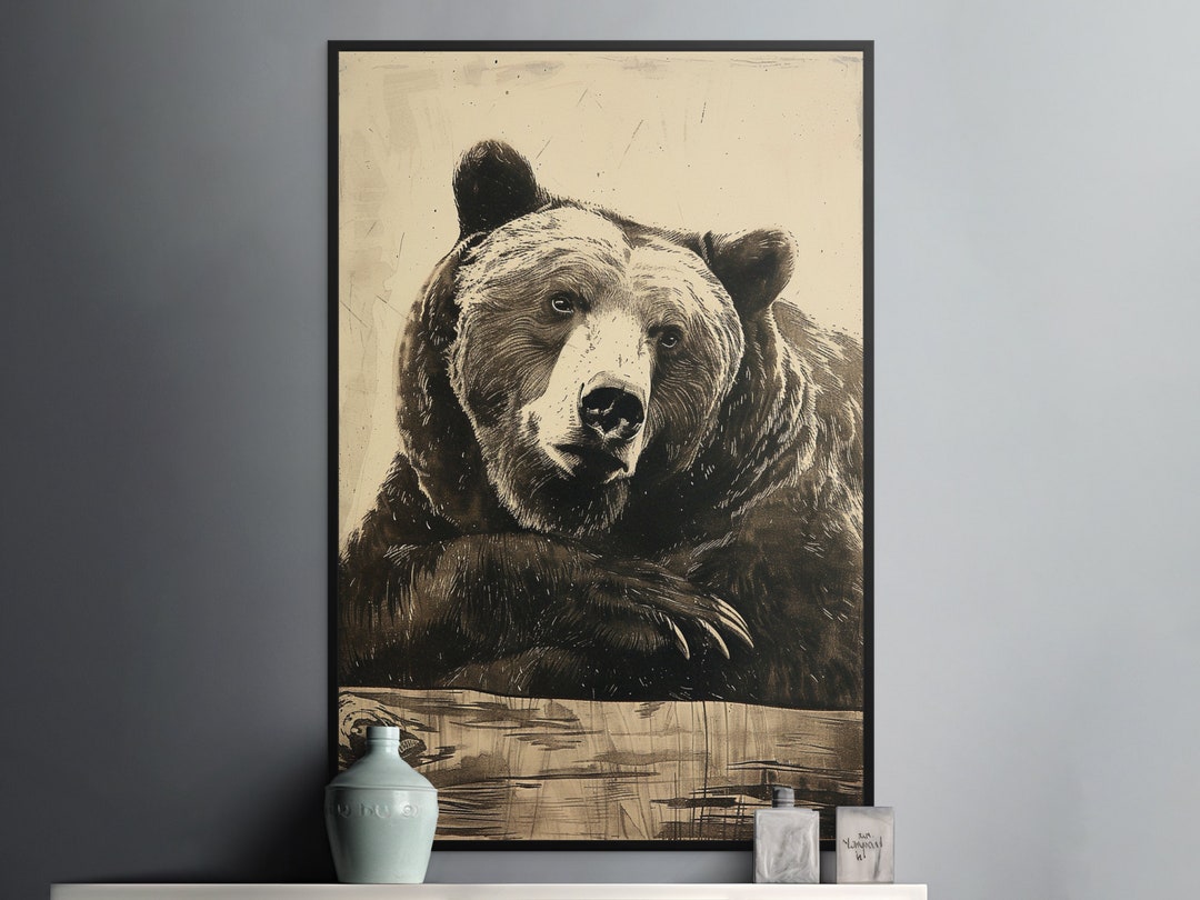 Grizzly Bear Relaxing on a Log Print, Old Sepia Tones Mezzotint Digital ...