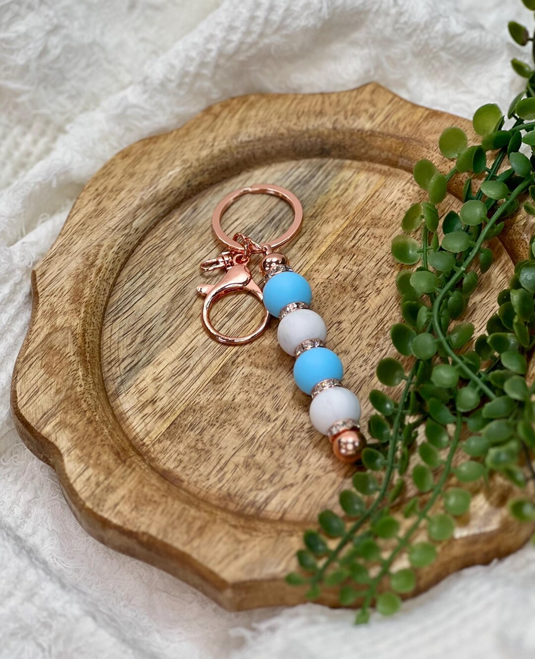 Cute White Marble and Light Blue Rhinestone Keychains, Cute Beaded ...