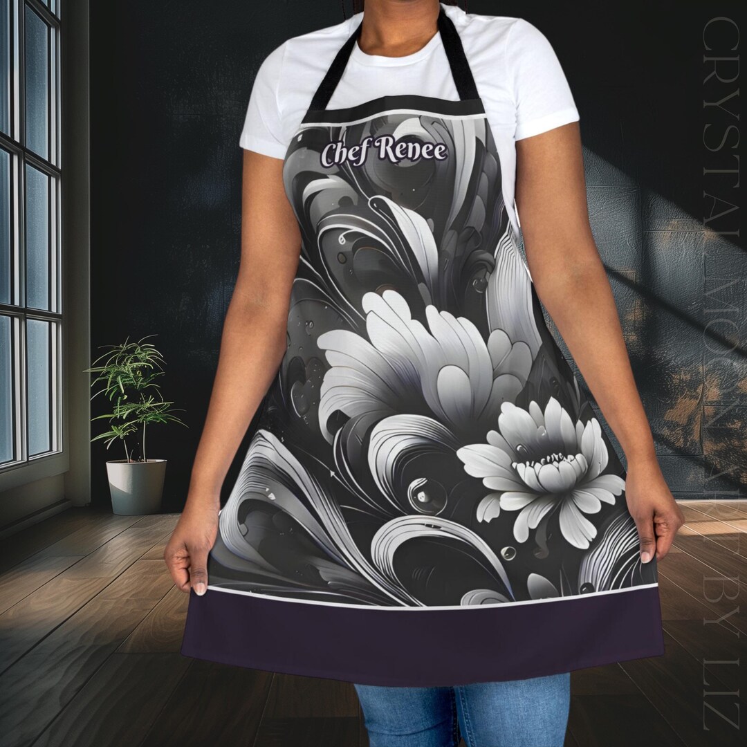 Apron, Elegant Black White, Lotus Flower Gift, Personalized Chef Gift ...