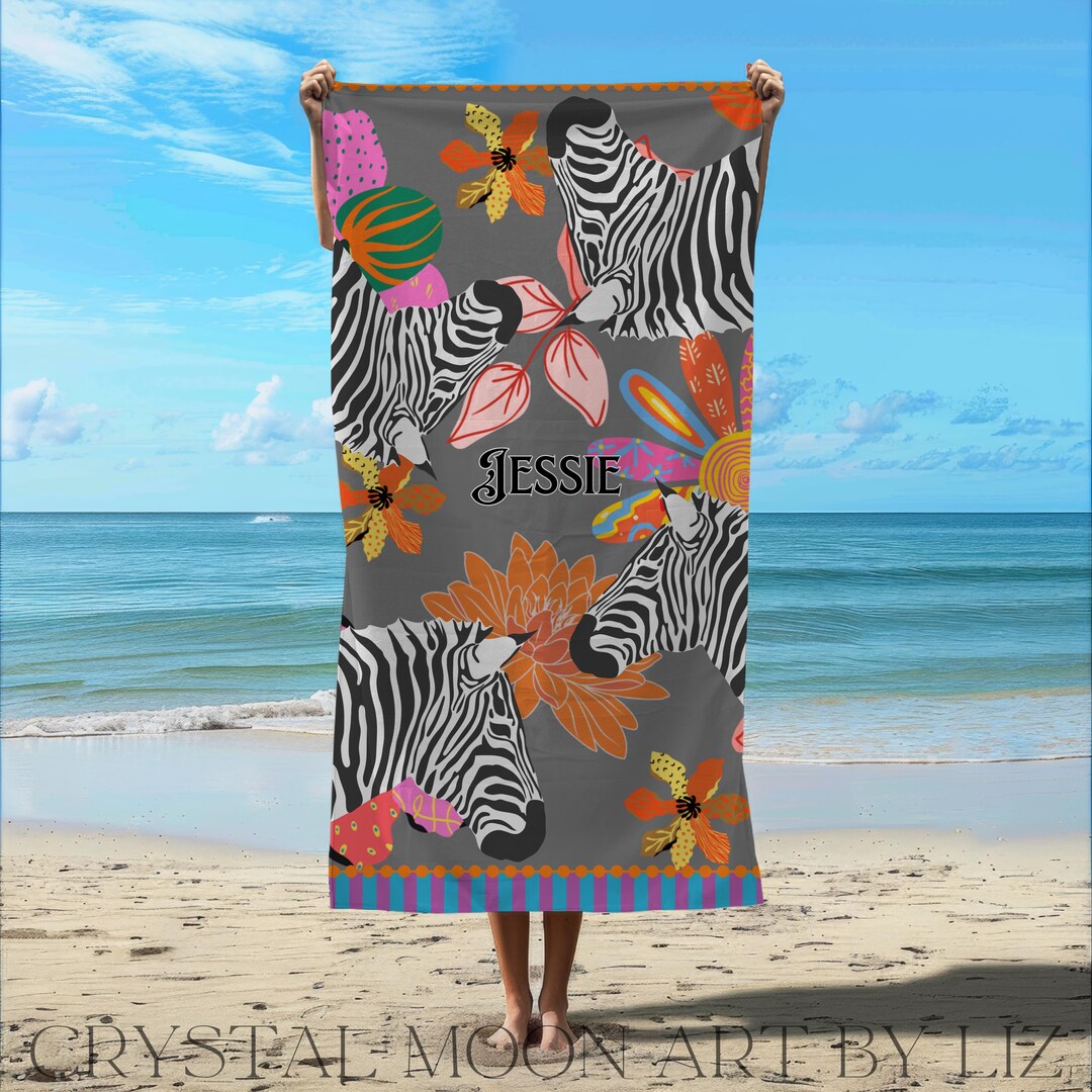 Zebra Beach Towel, Colorful Safari Zebra Bath Towel, Jungle Theme Decor ...