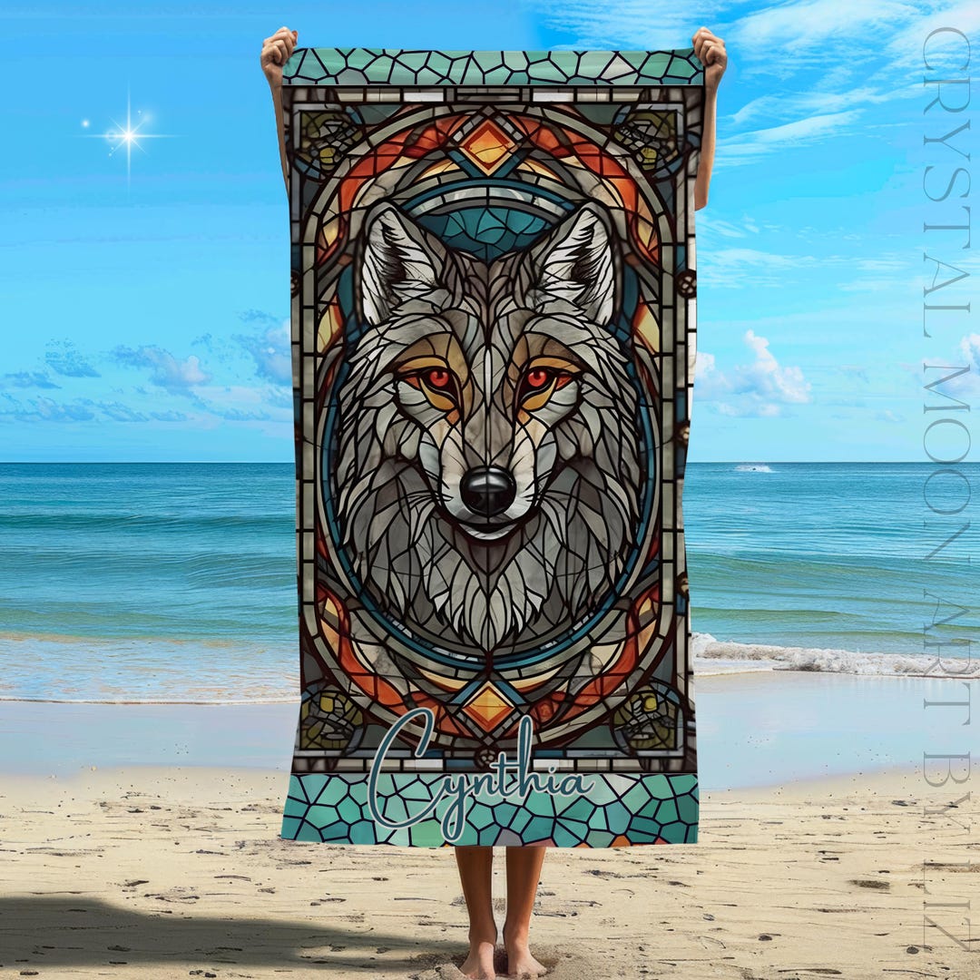 Personalized Wolf Beach Towel, Stained Glass Wolf Towel, Wolf Lover ...