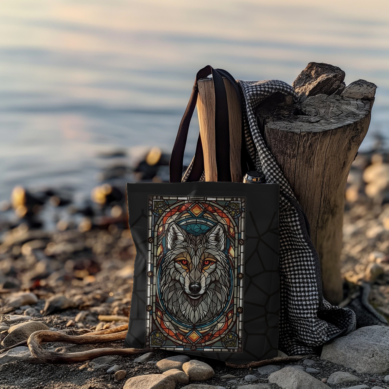 Wolf Tote Bag, Stained Glass Wolf, Housewarming Gift, , Wolf Lover Gift ...