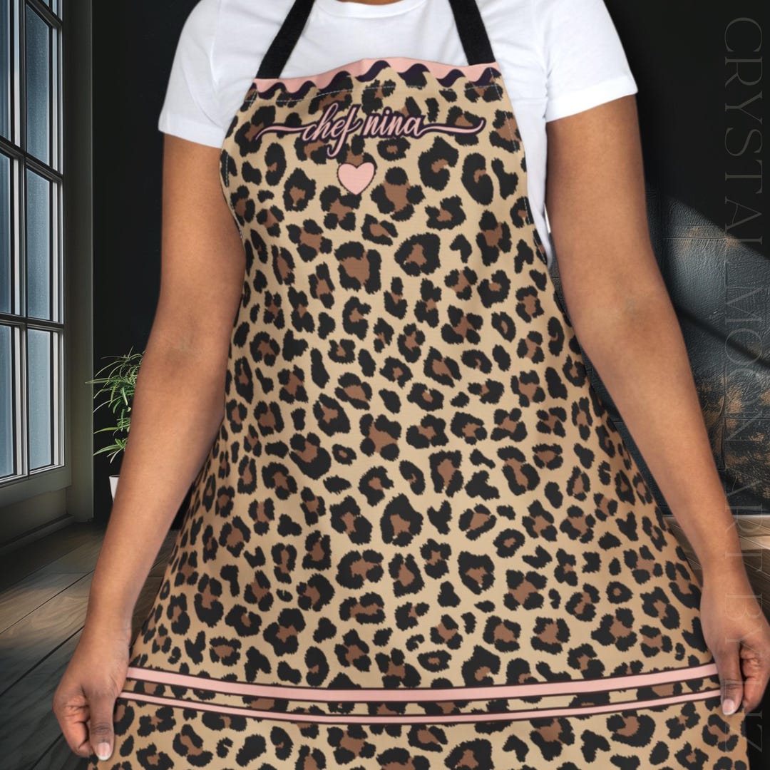 Apron, Personalized Pink and Leopard Print, Custom Name Cooking Chef ...