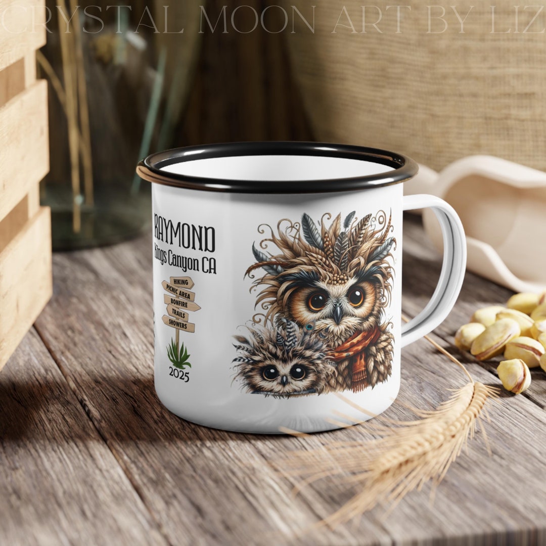 Personalized Whimsical Owls Enamel Cup, Custom Camping Mug, Unique Owl ...