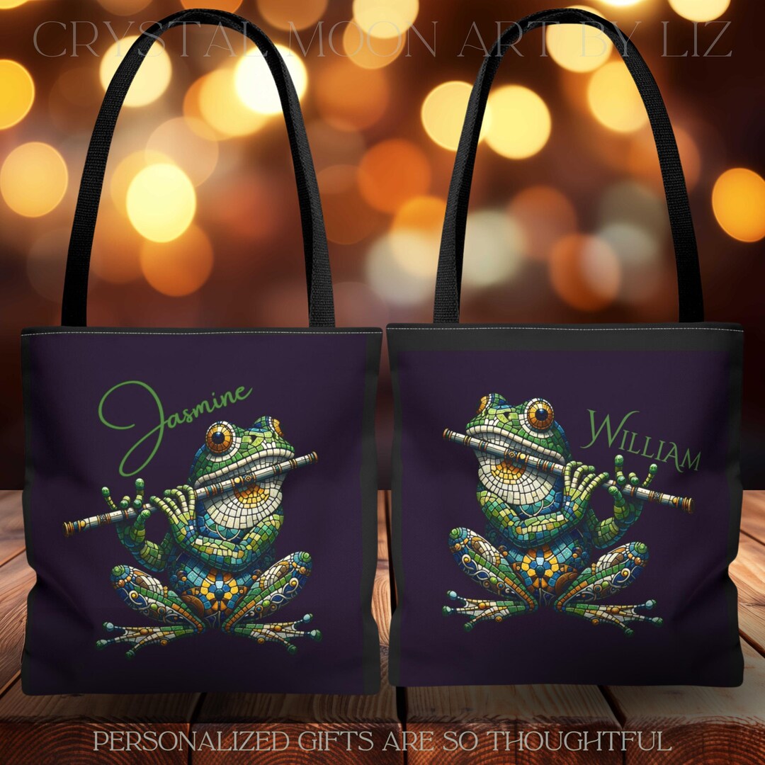 Personalized Mosaic Frog Tote Bag, Custom Amphibian Flute Player Design ...