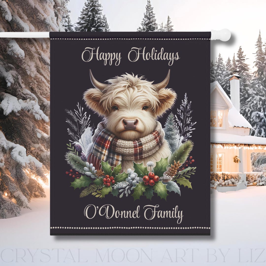 Custom Holiday Highland Cow Garden Banner, Christmas Welcome Sign, 2 ...