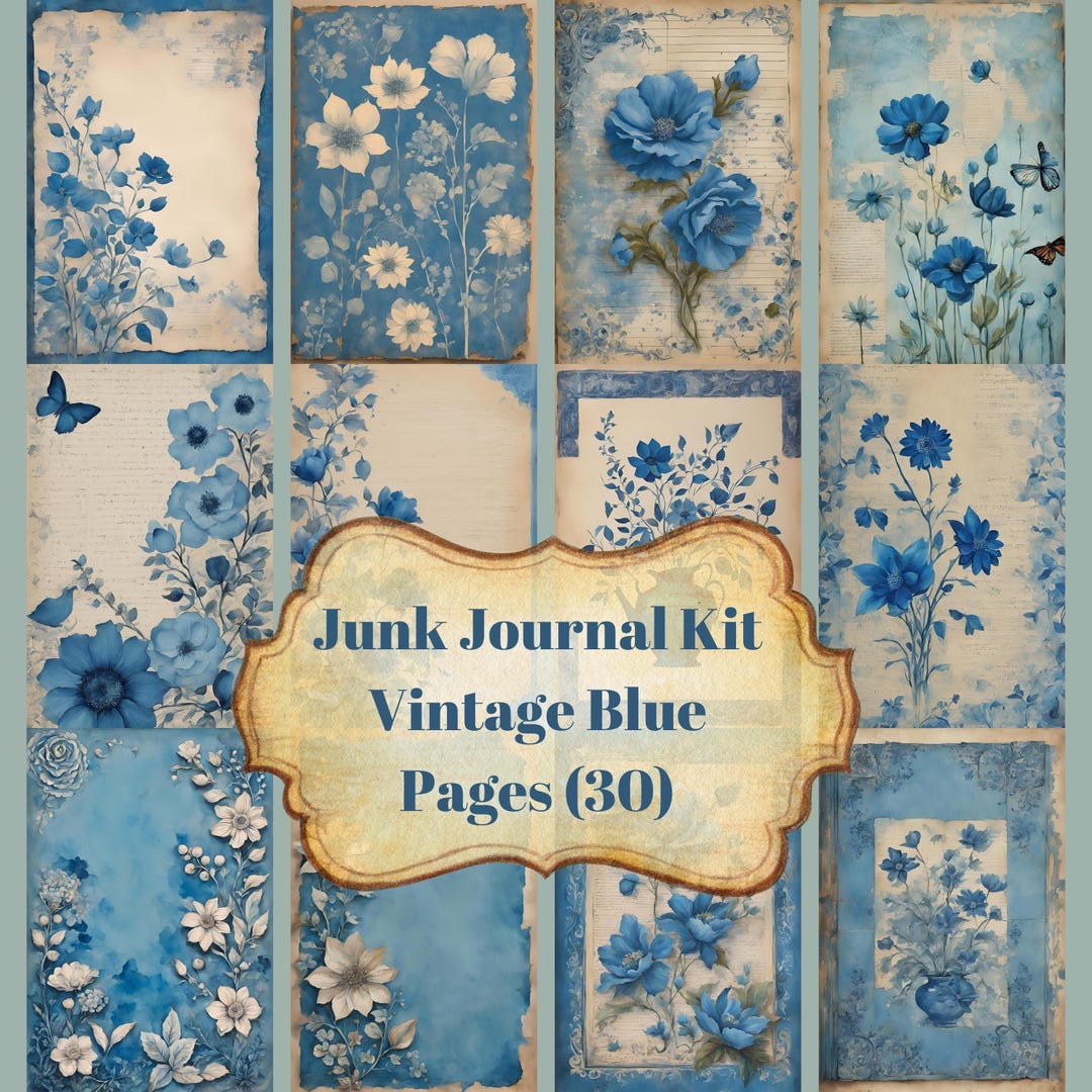 Vintage Blue Junk Journal Kit, Blue Paper, Junk Journal Pages Printable ...