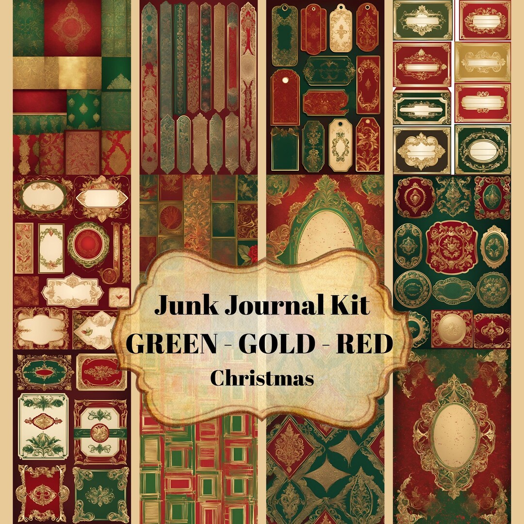 Green, Gold, Red, JUNK JOURNAL Kit (printable Jpg Page With EPHEMERA ...