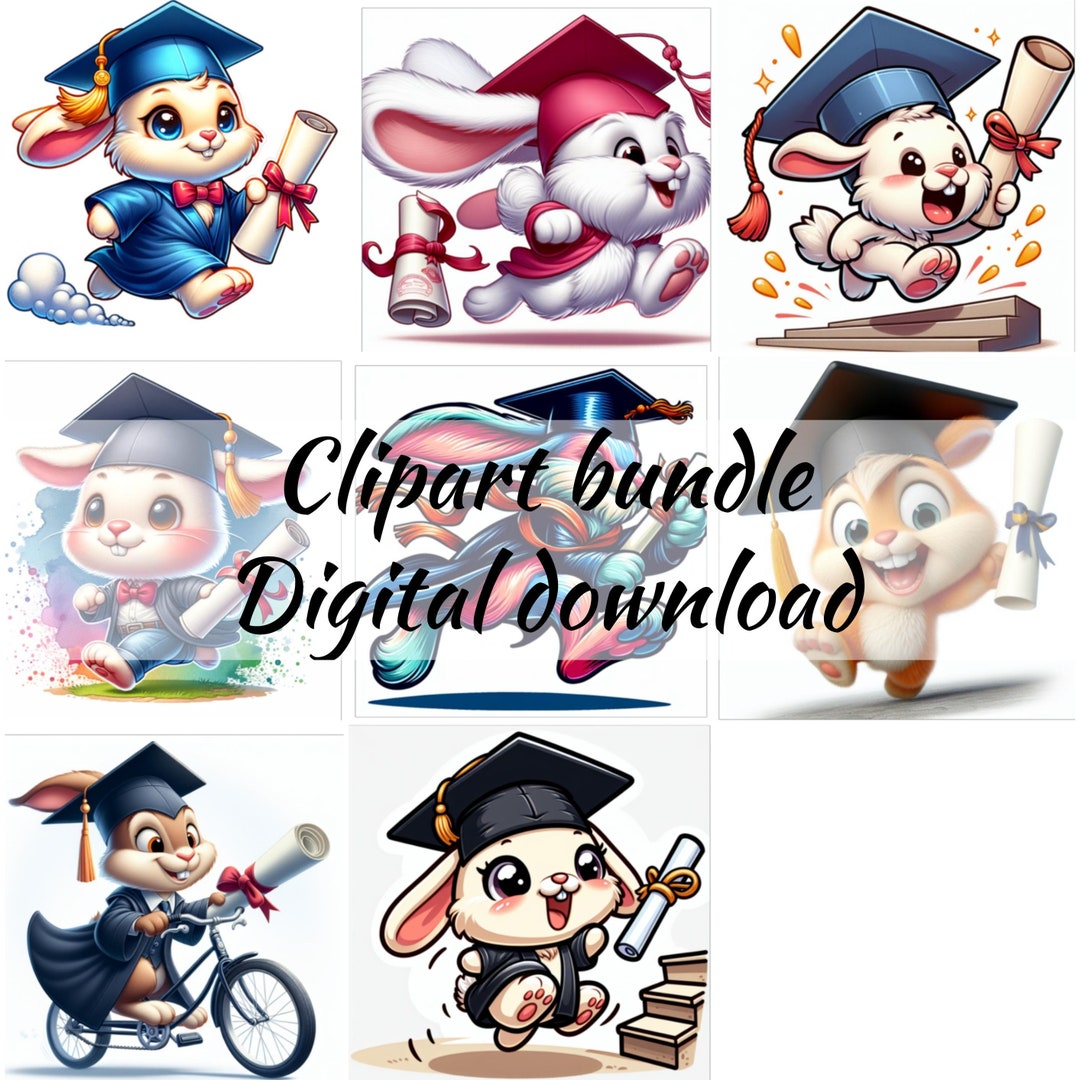 Kids Graduation Clipart Bundle Set - Cute Cartoon Rabbit Wearing a ...