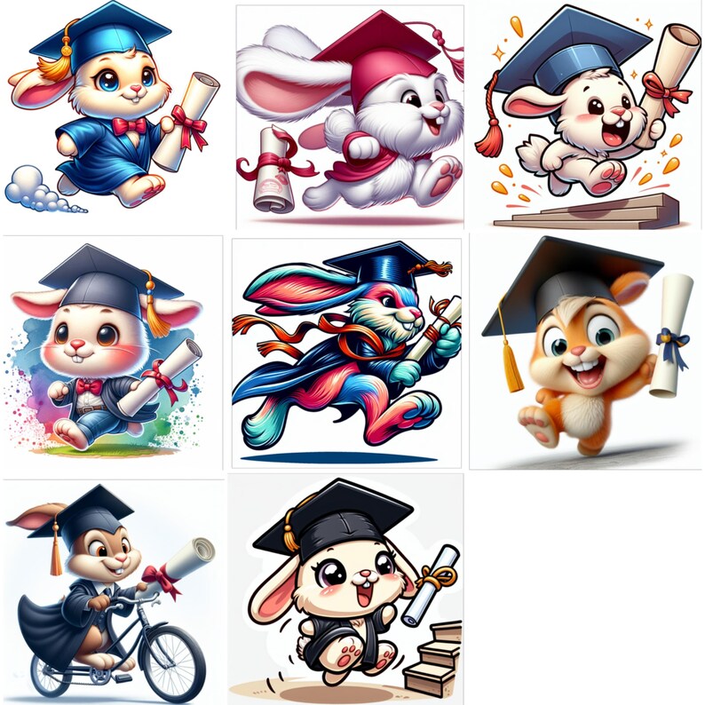 Kids Graduation Clipart Bundle Set - Cute Cartoon Rabbit Wearing a ...