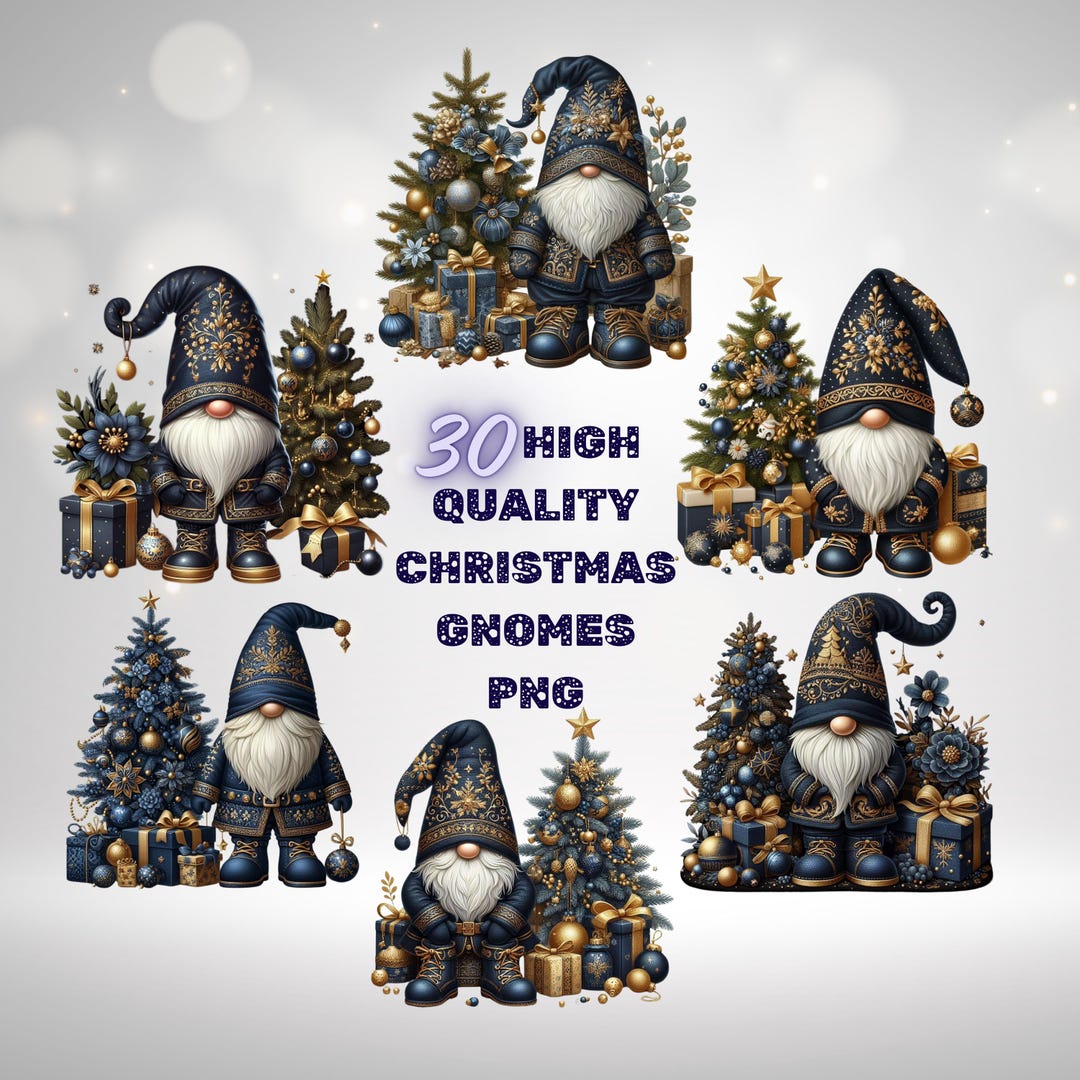 Christmas Gnome Clipart Bundle – 30 PNG Navy & Gold Holiday ...