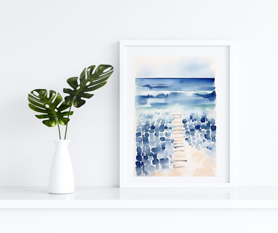 Navy Blue Beach House Watercolor Print, Coastal Landscape Art (digital ...