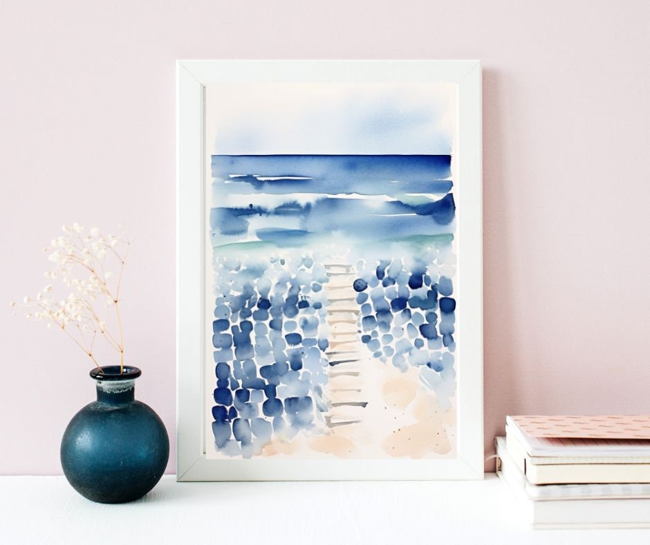 Navy Blue Beach House Watercolor Print, Coastal Landscape Art (digital ...